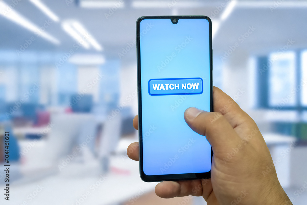 “Watch Now” message on close-up smartphone screen. Watching online ...