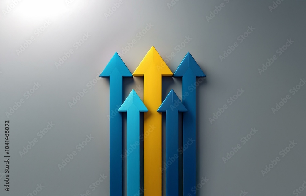 Five arrows, three blue and one yellow, point upwards against a gray ...