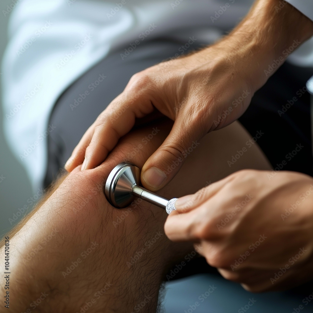 close up of doctors hand using reflex hammer on patients knee ...