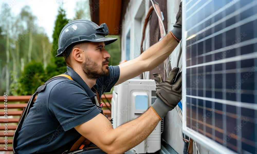 Skilled electrician installing a solar panel next to a heat pump on a ...