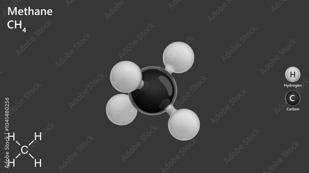 Methane. Animated 3D model of a molecule. Molecular formula: CH4 ...