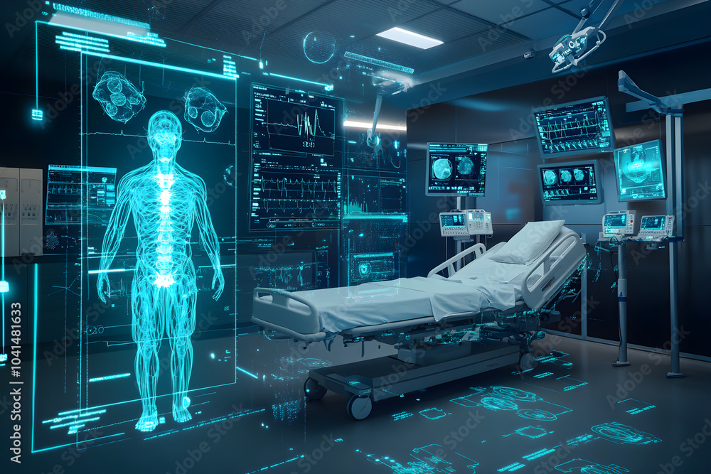 High-tech hospital room featuring advanced medical equipment and ...