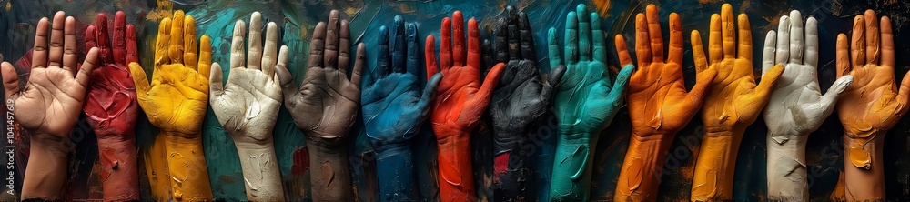 Diverse hands painted in vibrant colors representing unity and ...