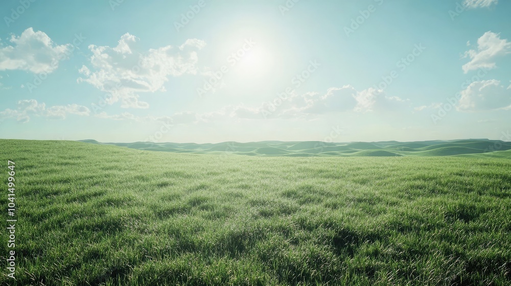 Vast prairie landscape with gently rolling hills and a bright summer ...