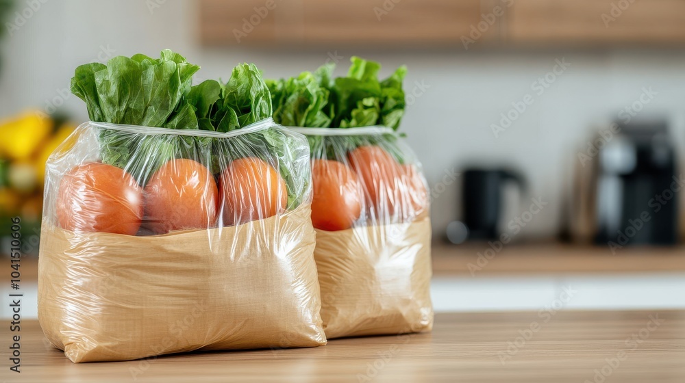 Fresh vegetables packed in transparent bags are displayed on a wooden ...