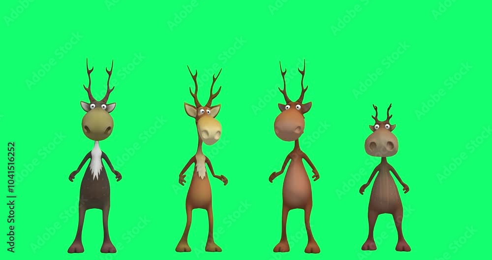 A 3D animated lively sequence of four cartoon reindeer dancing in sync ...