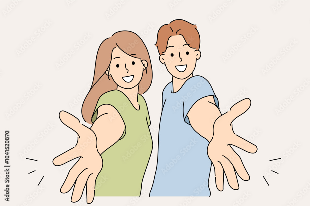 Welcoming gesture made by man and woman inviting you to visit or ...