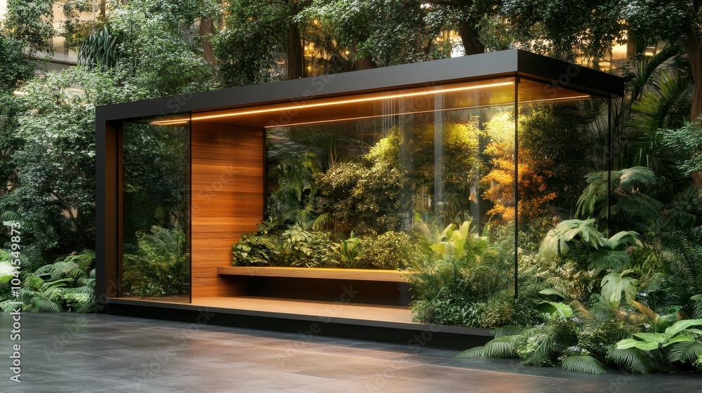 A sleek, modern pavilion made of glass and wood is encased by vibrant ...