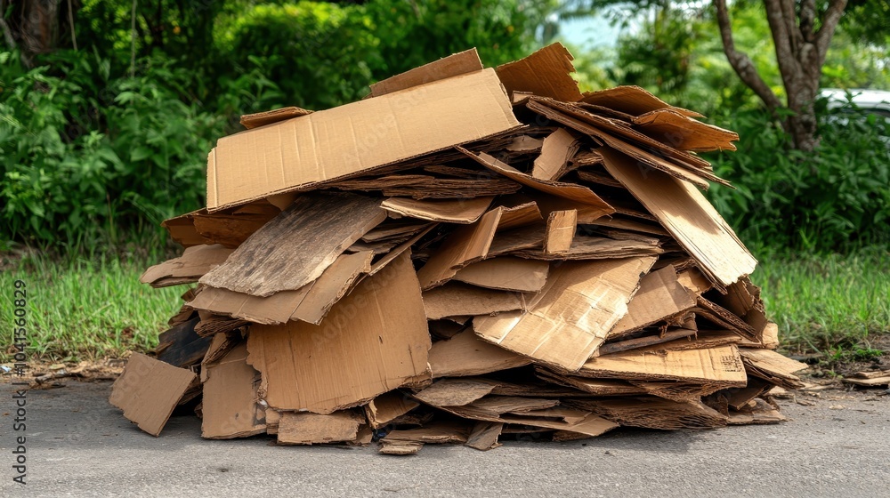A large pile of discarded cardboard pieces is seen lying on an asphalt ...