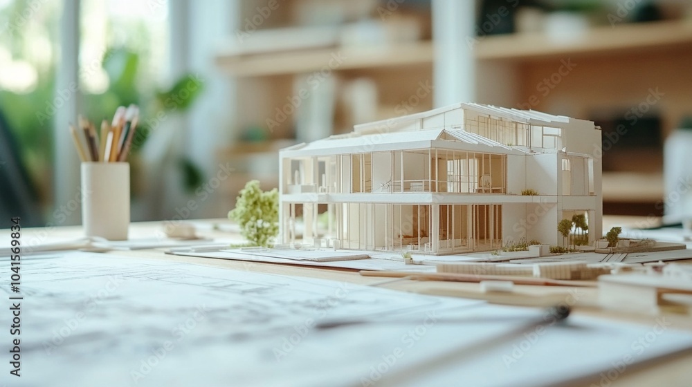 Intricate architectural model of a modern house showcased on a desk ...
