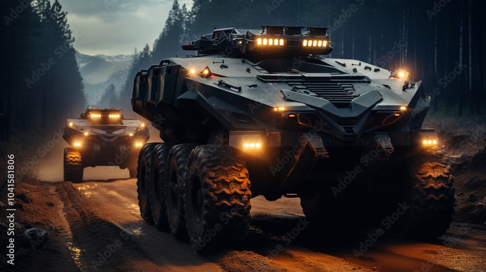 Military patrol car on sunset background. Army war concept. Silhouette ...