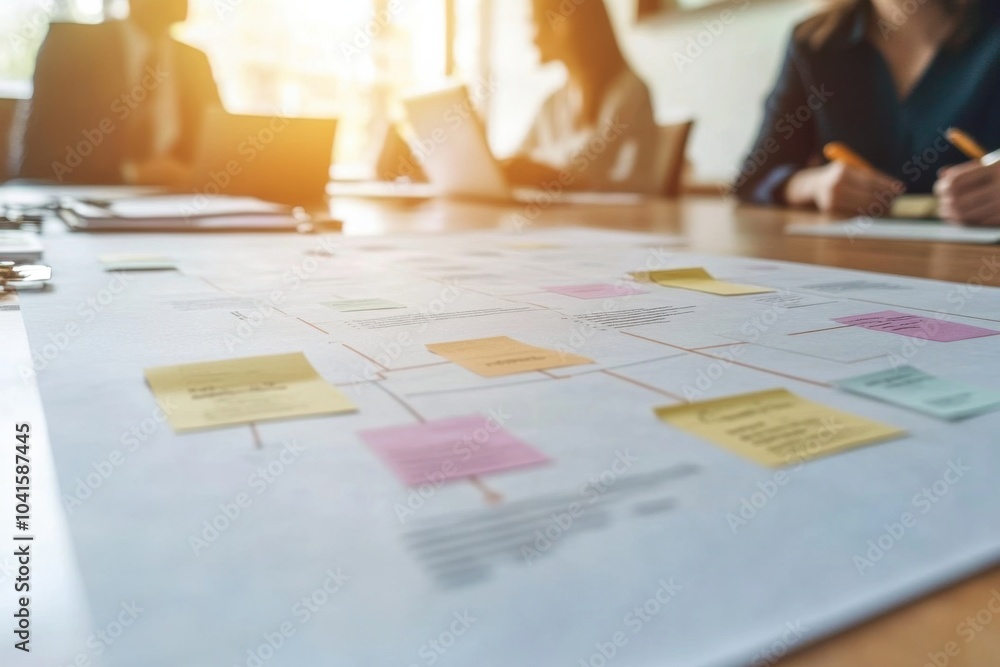 A clean, professional infographic showing a business strategy roadmap, with flowcharts ...