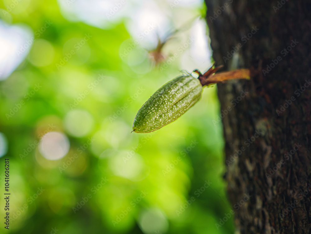 Green small Cocoa pods branch with young fruit and blooming cocoa ...