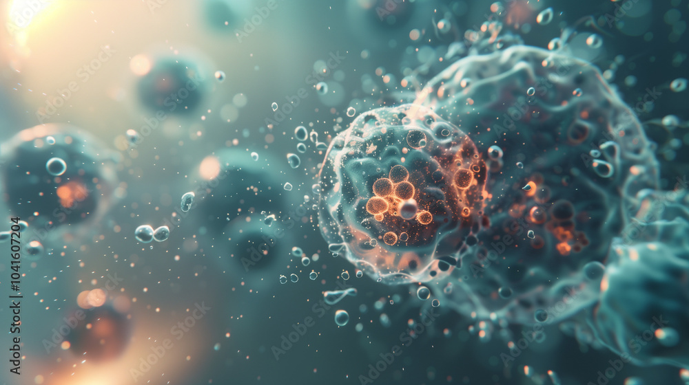 Microscopic view of a cell undergoing apoptosis, nucleus shrinking and ...