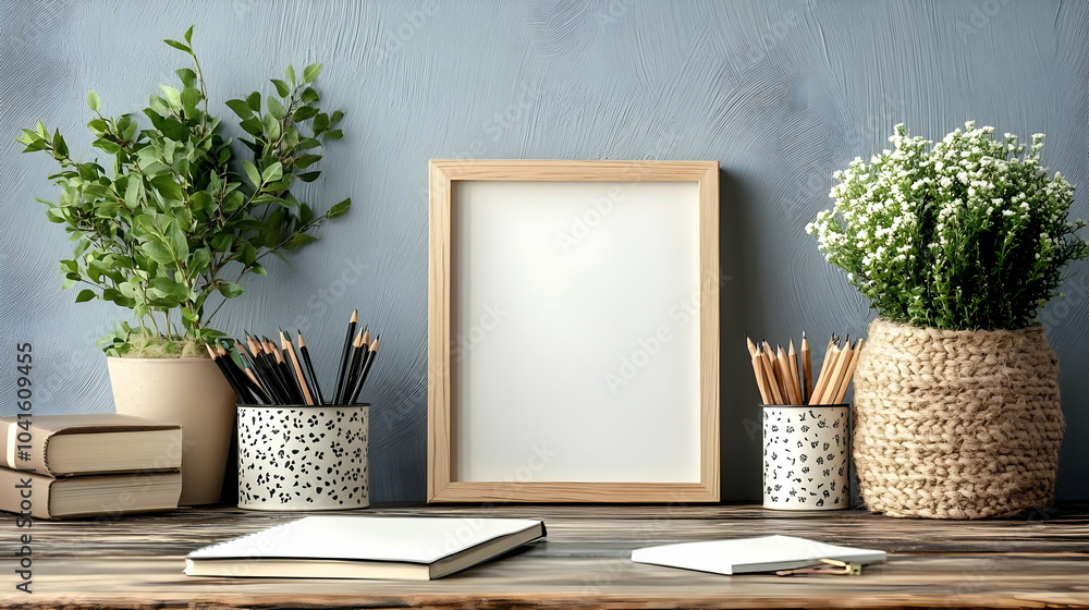 Blank Canvas on a Table with Plants and Pencils Stock Photo | Adobe Stock