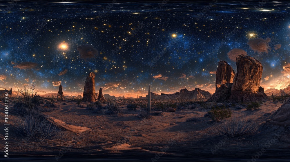 360 degree starry night sky texture in a night desert landscape ...
