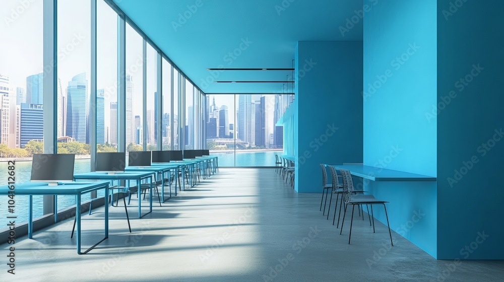 Modern blue office interior with PC computers and tables lined up on a ...