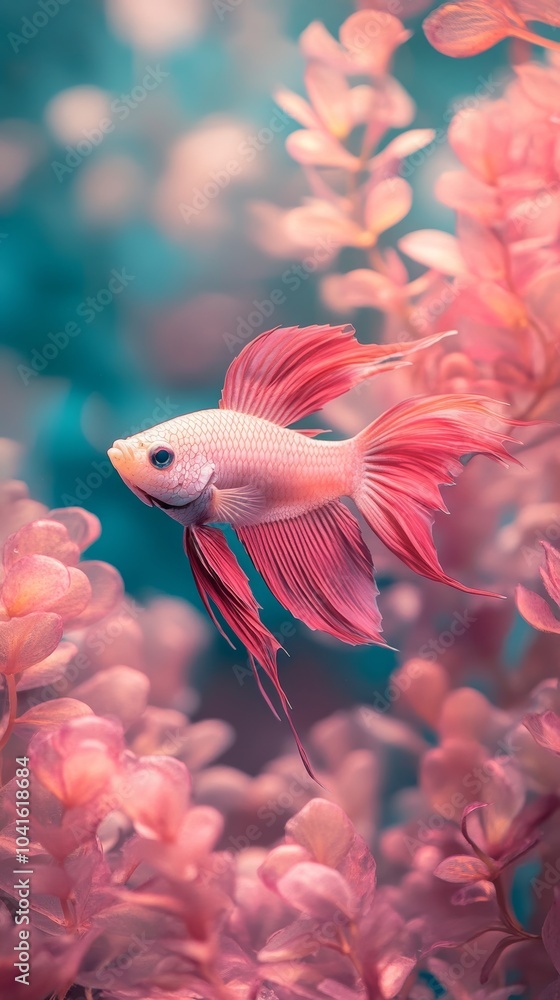 Pink betta fish with flowing fins is swimming gracefully in an aquarium ...