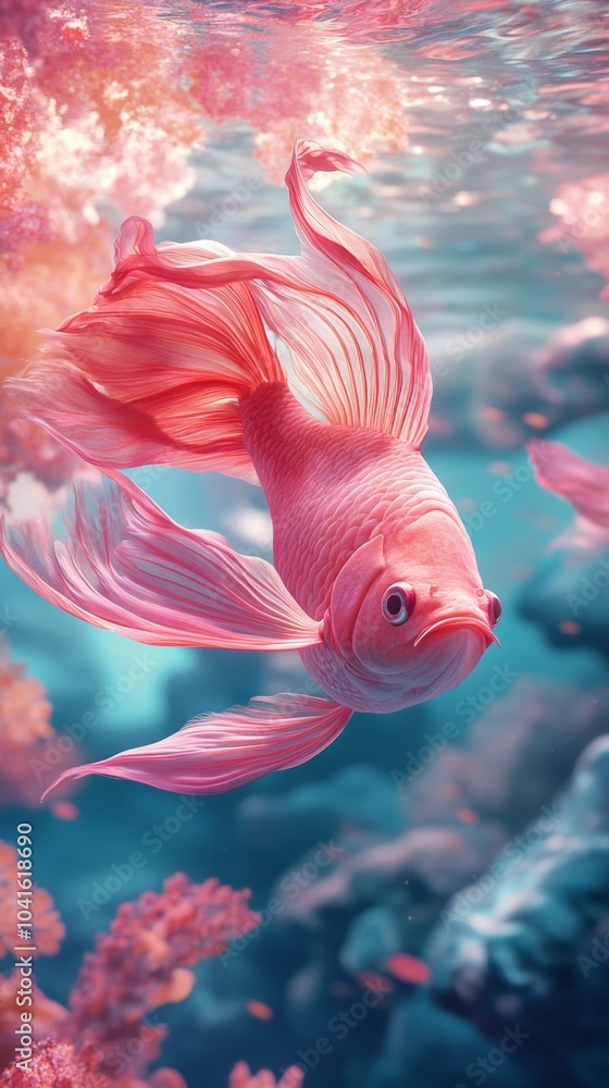 Pink betta fish with flowing fins is swimming in a blue aquarium with ...