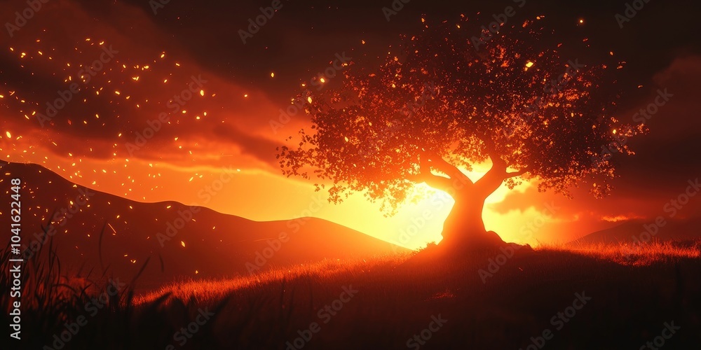 Espinillo tree silhouette at sunrise or sunset, creating a beautiful ...