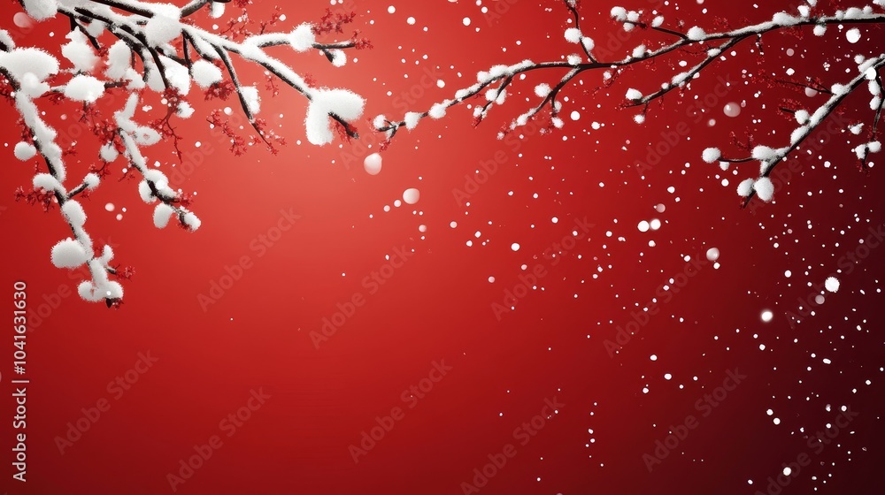 Red background, snow scene, white branch on the picture, simple vector ...