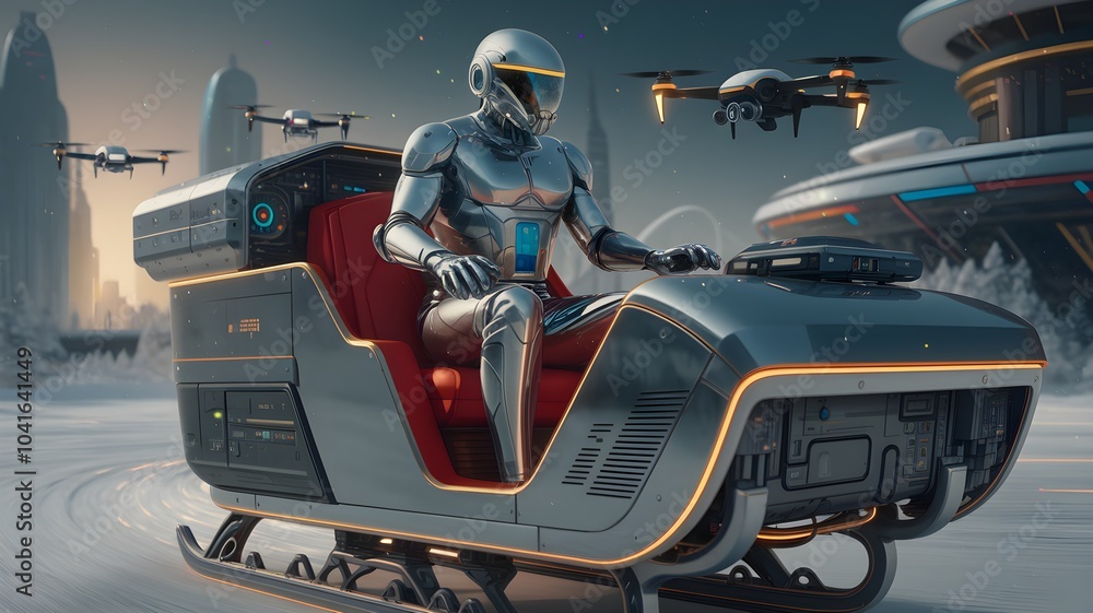 Futuristic Santa Claus Riding a High Tech Hover Sleigh in a Sci Fi ...