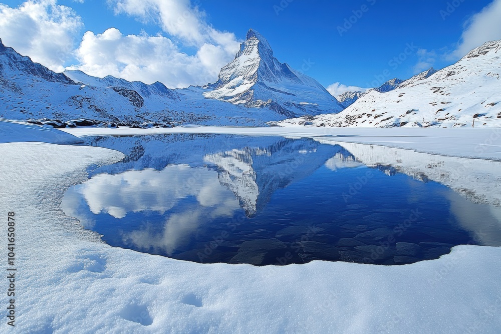 Majestic snowy mountain reflected in the calm waters of a lake ...