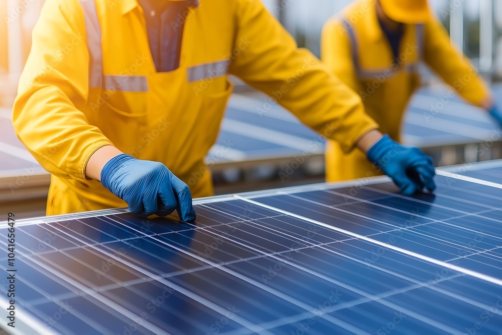 A Solar Panel Factory With Machines Assembling Panels and Workers ...