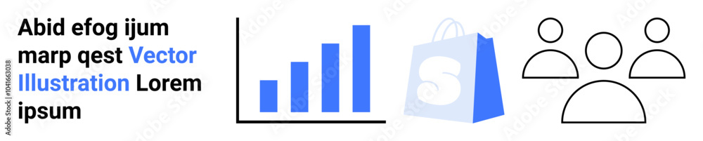 Bar chart with increasing bars in blue tones and a shopping bag icon ...