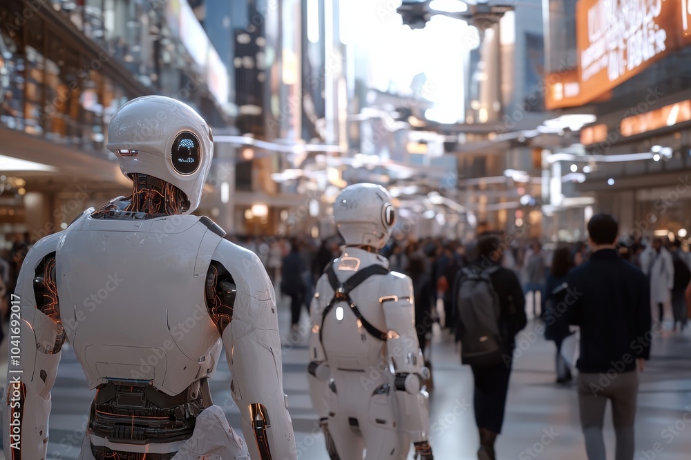 The scene captures two advanced humanoid robots navigating a bustling ...