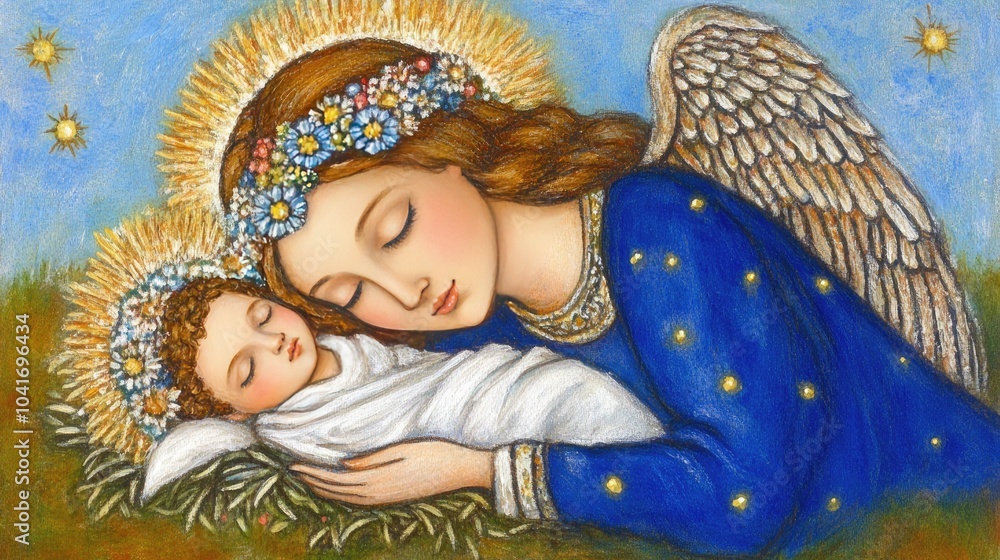 Watercolor representation of the birth of Jesus with Mary and baby ...
