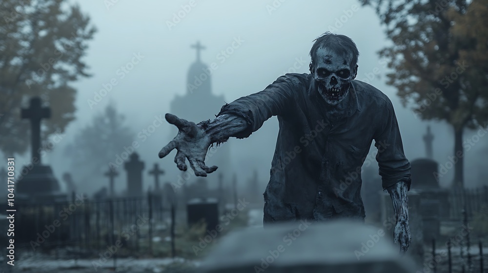 Realistic zombie reaching out with decayed hands in a misty cemetery ...