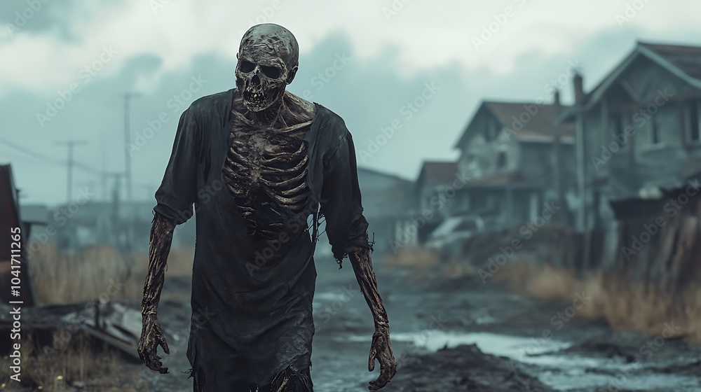 Realistic zombie with torn clothes and decayed skin wandering in a ...