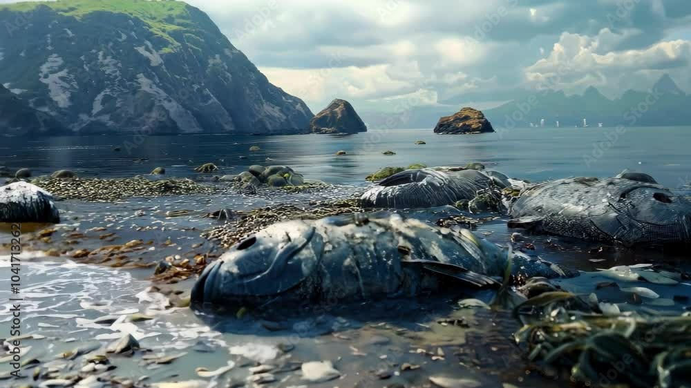 Dead fish washed ashore amidst seaweed, highlighting the severe impact ...