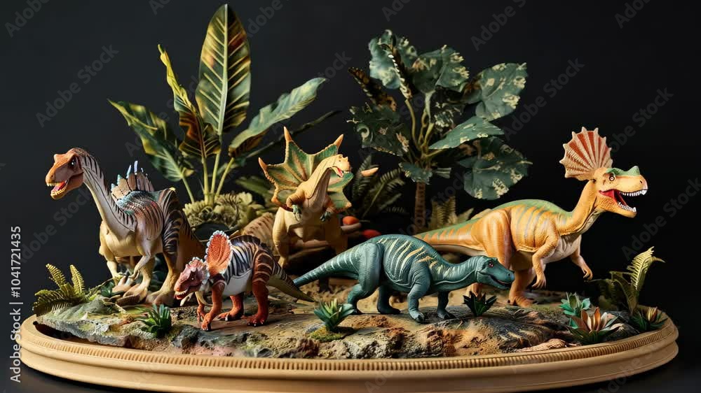 A vibrant collection of dinosaur figurines, including Spinosaurus ...