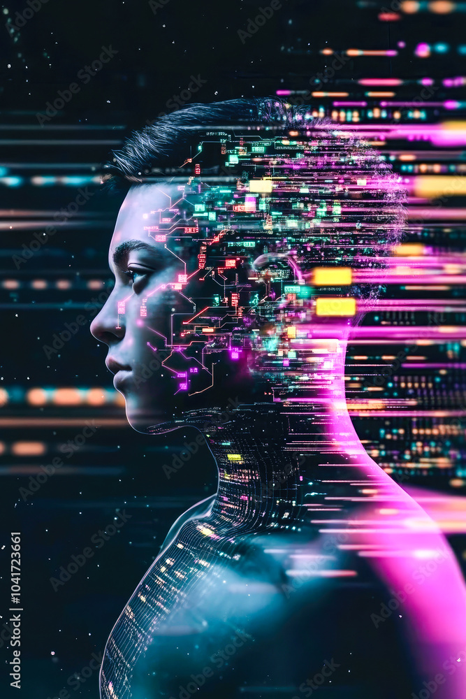 A profile view of a person with a digital explosion merging with their ...