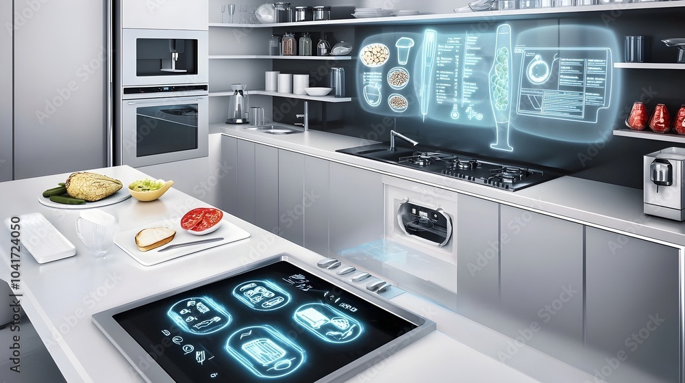 A high tech kitchen of the future with holograms projecting real time ...