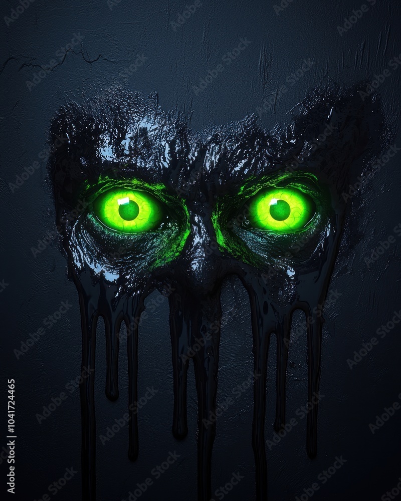 Glowing green eyes emerging from black dripping goo on dark textured ...