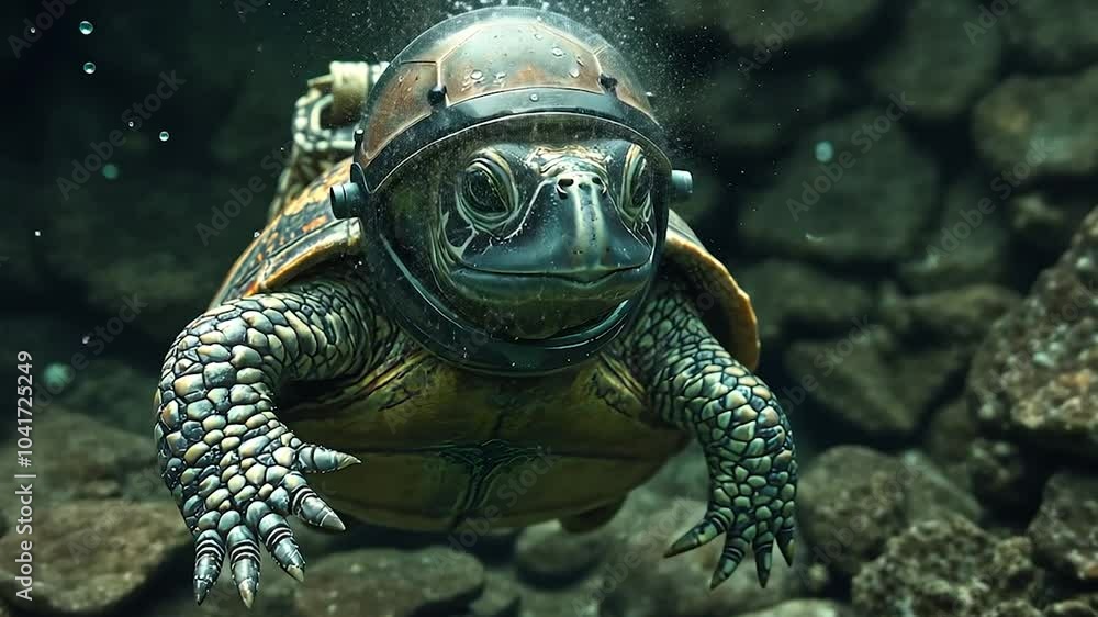 Turtle equipped with a futuristic astronaut helmet dives into the ...