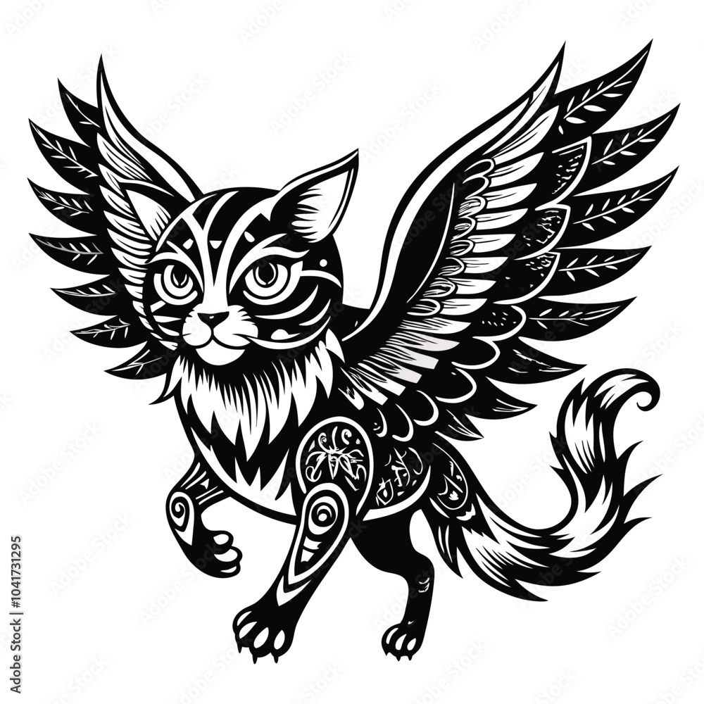 Here is the black and white illustration of a winged flying cat ...