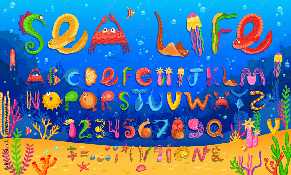 Sea animal font, marine underwater type, aquatic typeface. English ...