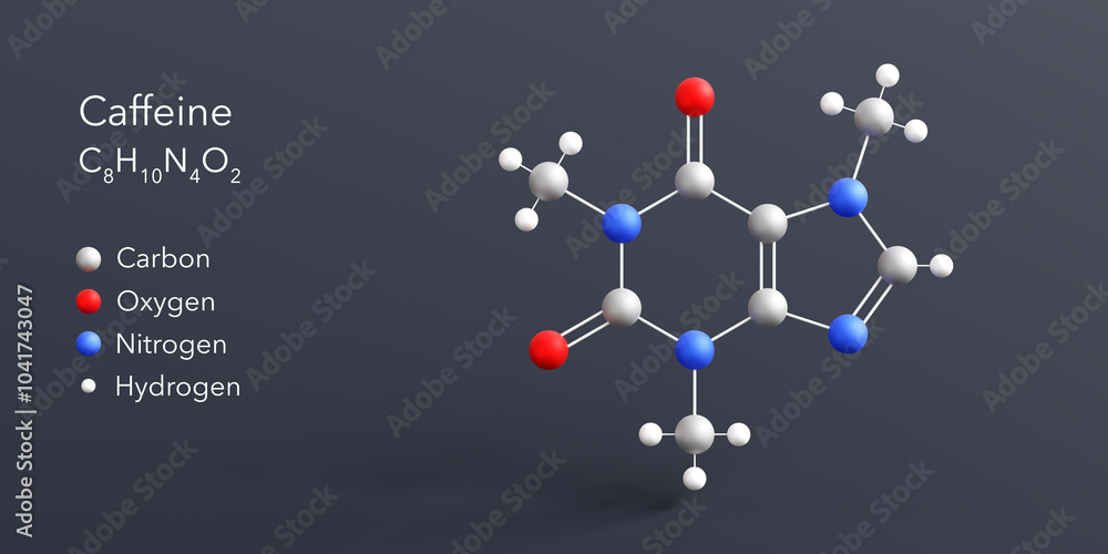 caffeine molecule 3d rendering, flat molecular structure with chemical ...