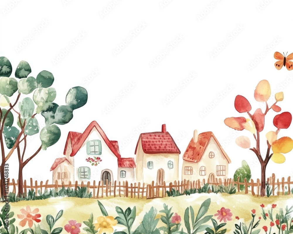 Charming Watercolor Village Border for Childcare Center Design with ...