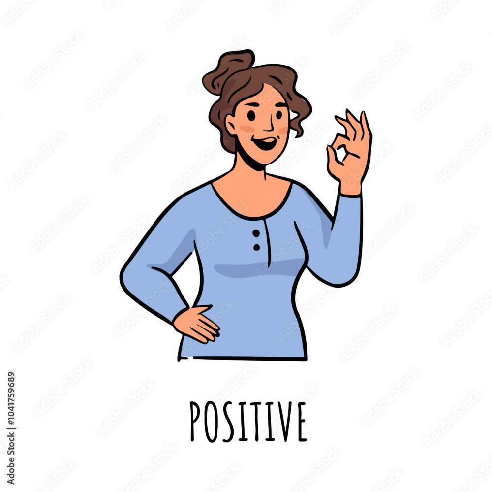 Emotional female personage smiling and talking positively. Vector flat ...