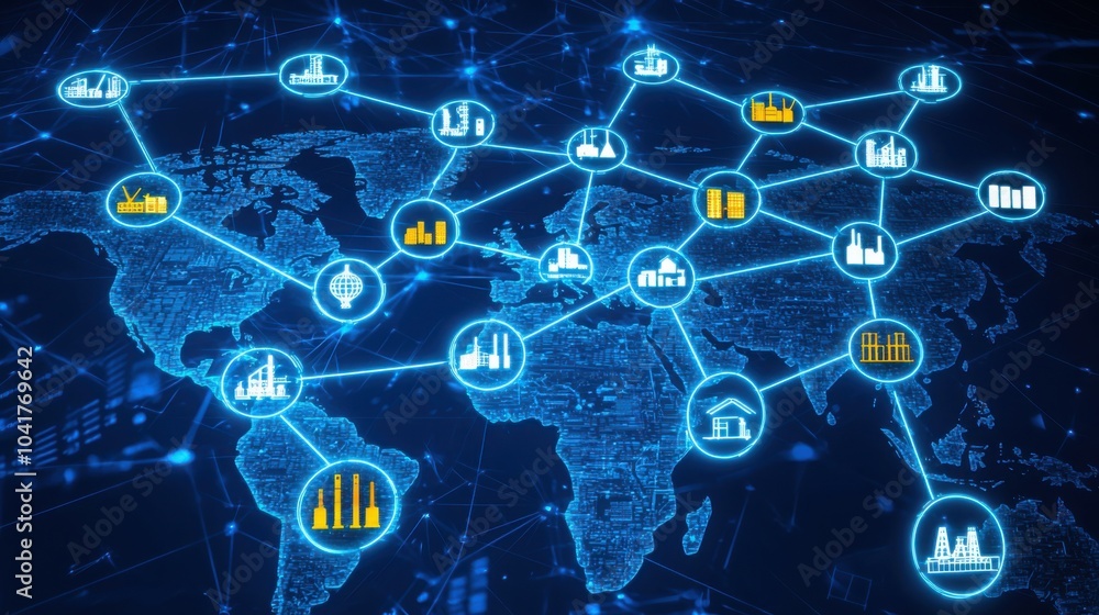 Global industrial networks depicted on a glowing world map with factory ...