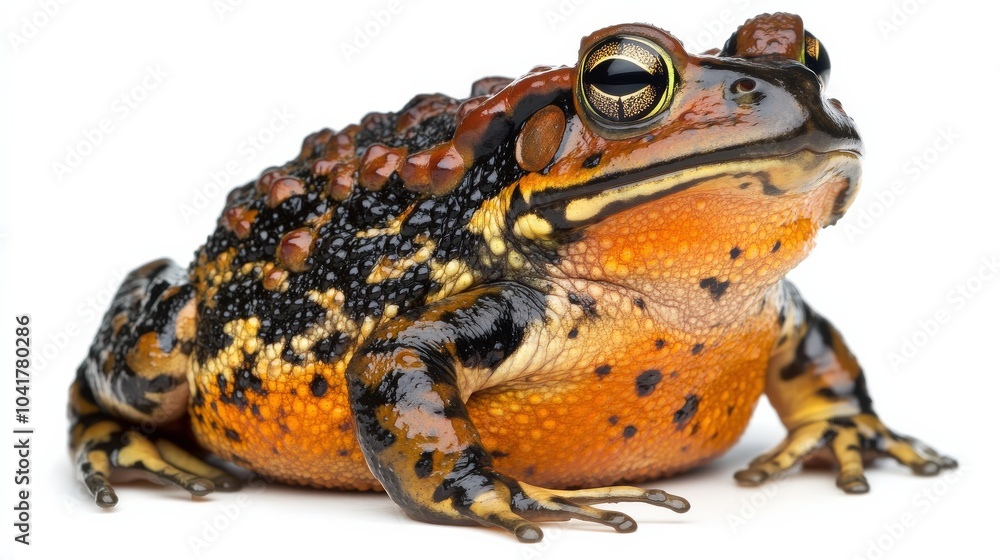 Fire-bellied toad with its bright orange and black belly, positioned ...