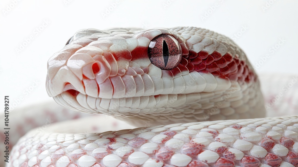 Rare species of albino Burmese python, coiled up against the white ...