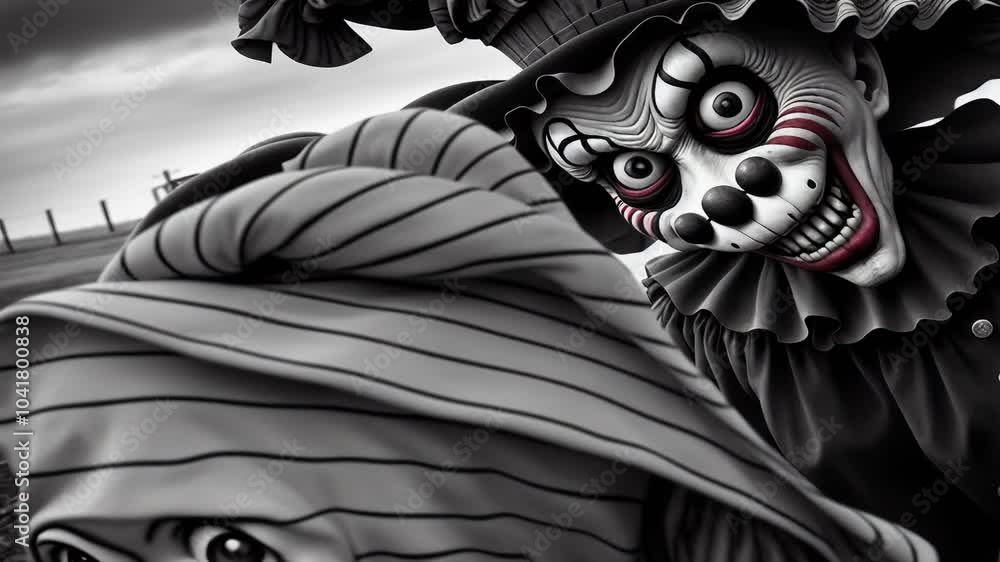 Generative AI animation of surreal magic horror clown in black and ...