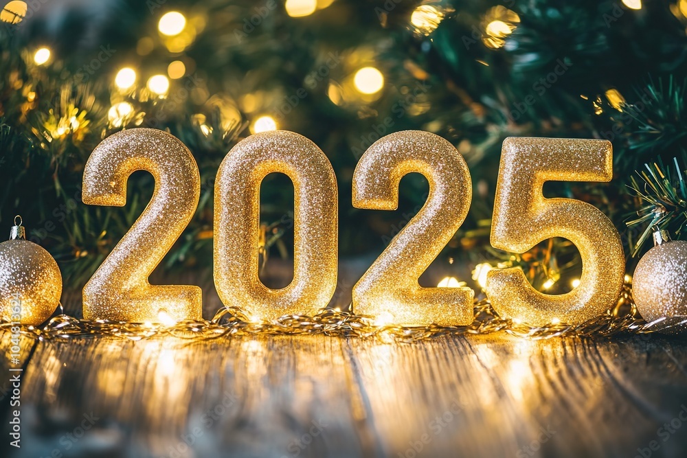 Golden 2025 numbers with festive lights and ornaments Stock Photo ...