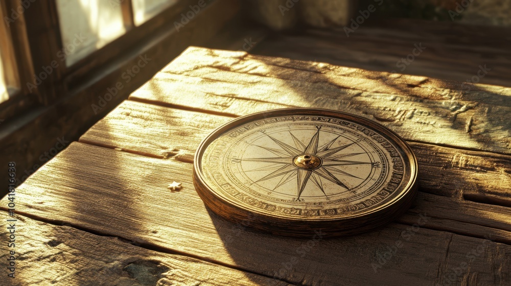 Greek star compass on rustic table natural light streaming through a ...
